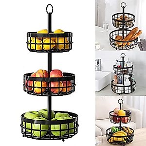 Baoz 3 Tier Fruit Basket For Kitchen Countertop Metal Wire Fruit Bowl Holder Triple Layer Detachable Fruit storage Tray Rack Stand for Storing Veggies Bread Snacks, Black