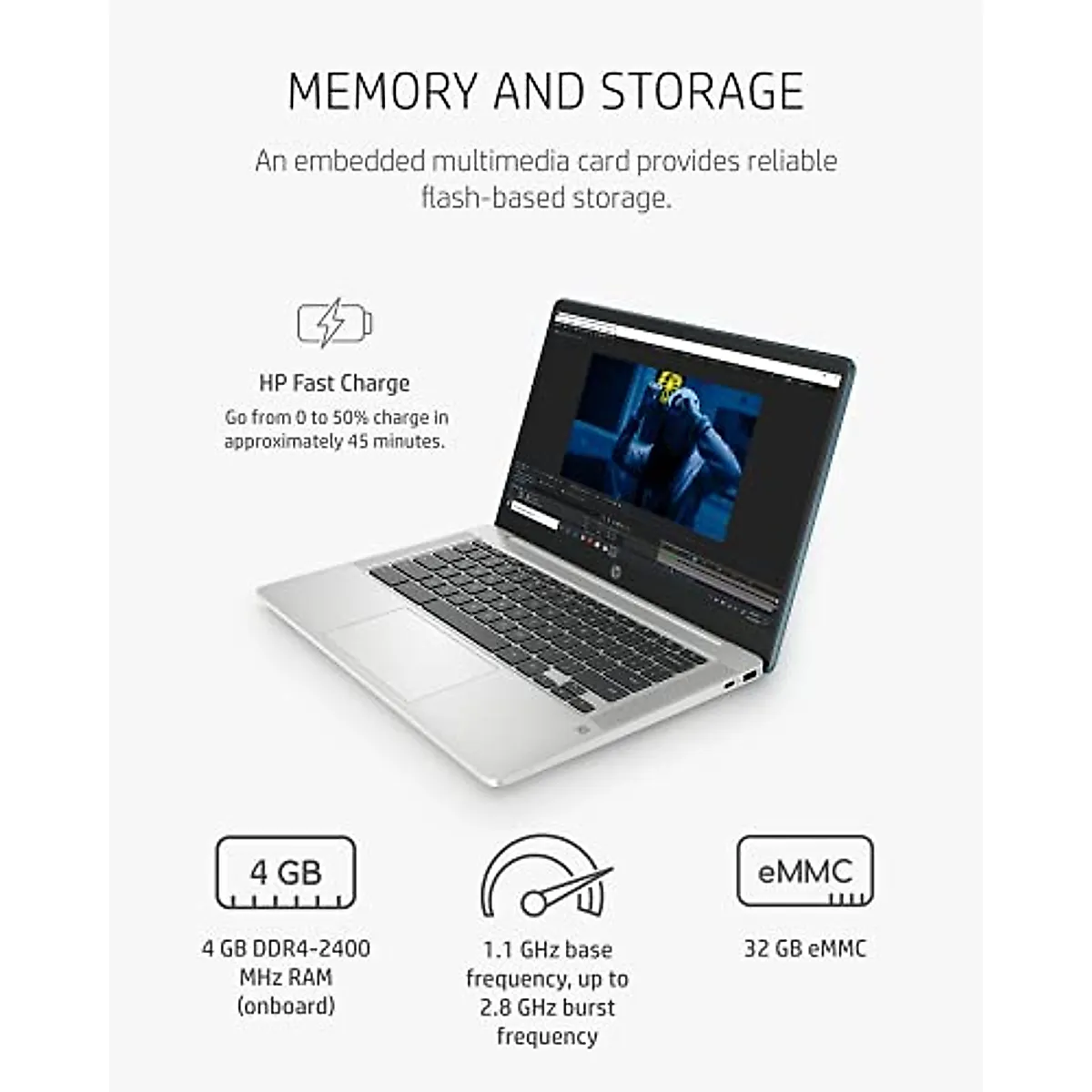 HP Chromebook 14 Laptop, Intel Celeron Processor, 4 GB RAM, 32 GB eMMC, 14” HD (1366 x 768), Display, Chrome OS, Webcam & Dual Mics, Work, School, Entertainment, Long Battery Life (14a-na0120nr, 2021)