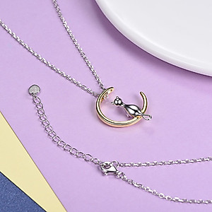 SILVERCUTE Cat Jewelry Set 925 Sterling Silver Gold Plated Cat on the Moon Stud Earrings Necklace Stacking Ring for Women