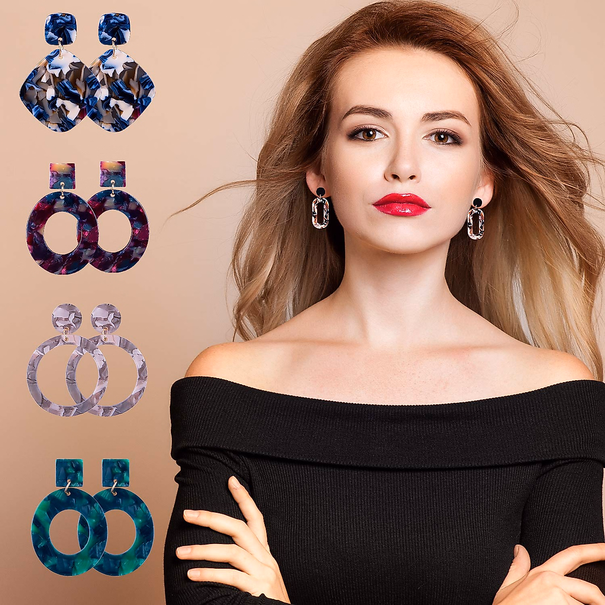 Duufin 24 Pairs Mottled Acrylic Earrings Resin Drop Dangle Earring Hoop Statement Earrings Polygonal Bohemian Fashion Jewelry Earrings for Women