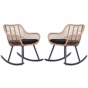 JOIVI 2 Piece Patio Wicker Rocking Chairs, Outdoor Rattan Rocking Chairs Set with Cushions, Front Porch Rocker with Iron Frame, Patio Lawn Garden Furniture