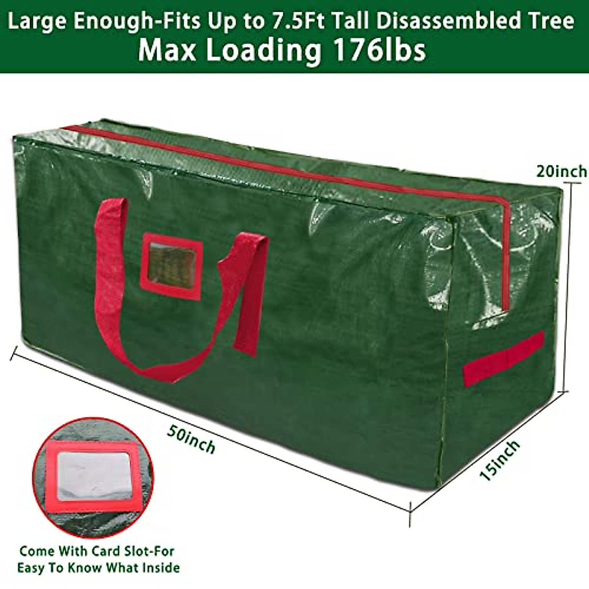 TURNMEON 2 Pack Christmas Tree Storage Bag For 7.5 Ft Disassembled Artificial Xmas Tree 50"x15"x20" Card Slot Handles Dual Zippers Waterproof Large Holiday Christmas Storage Container Tote Box (Green)