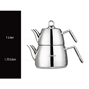 Amboss Aqua Ergonomic Gold Handle Turkish Teapot Set 4 PCS with Steam Lid Stainless Steel Induction Compatible Turkish Tea Set (Steel Handle)