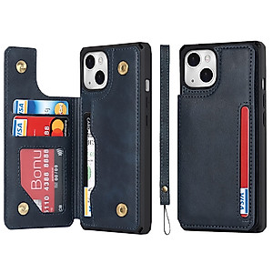 iCoverCase Compatible with iPhone 14 Wallet Case with Card Slots Holder and Wrist Strap PU Leather Kickstand Double Magnetic Clasp Shockproof Cover Case 6.1 Inch (Blue)