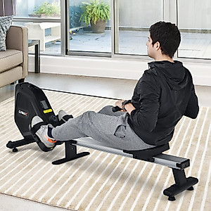 GYMAX Folding Magnetic Rowing Machine, 8 Level Adjustable Rower with LCD Monitor & Device Holder, Full Body Workout Home Gym Exercise Equipment for Small Space