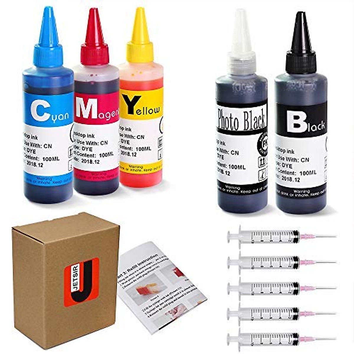 JETSIR Compatible Ink Refill kit for Canon PGI-280 CLI-281 PGI-270 CLI-271 PGI-250 CLI-251 PGI225 CLI226 with Syringe and Instruction, 5 Bottles (1 Black, 1 Cyan, 1 Magenta, 1 Yellow, 1 Photo Black)