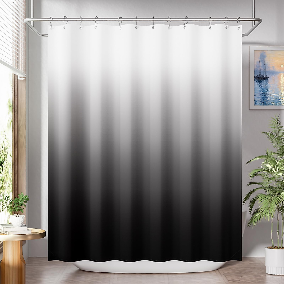 AmazerBath Fabric Shower Curtain Set, Ombre Black Shower Curtain with 12 Shower Curtain Hooks, Rustic Cloth Black and White Shower Curtain, Cute Washable Bathroom Shower Curtain Sets, 72x72 Inches