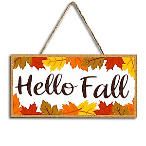 Hello Fall Sign Wall Decor 14" Autumn Harvest Thanksgiving Maple Leaf Sign Rustic Hanging Decorations in Home Art for Front Porch Door Plaque