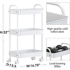 3 Tier Metal Rolling Utility Cart with Caster Wheels, Rolling Storage Cart Organizer Craft Cart with Handle Kitchen Cart for Bathroom Shelves Laundry Office Balcony Living Room Organization White