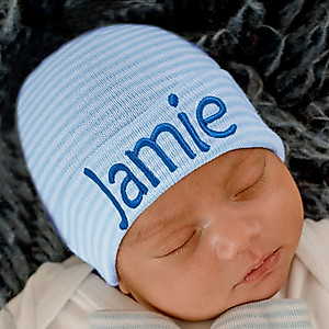 Melondipity Personalized Baby Hospital Hat - Warm Beanie Cap for Infants, Newborn, Boys - Customized Head Wrap for Winter - Custom Name Keepsake Hat for Baby Shower, First Visit Gift (Blue Striped)