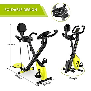 pooboo Foldable Exercise Bike Magnetic Indoor Cycling Bikes 3 in 1 Stationary Bikes Indoor Fitness Bicycles with Resistance Bands and Twist Board