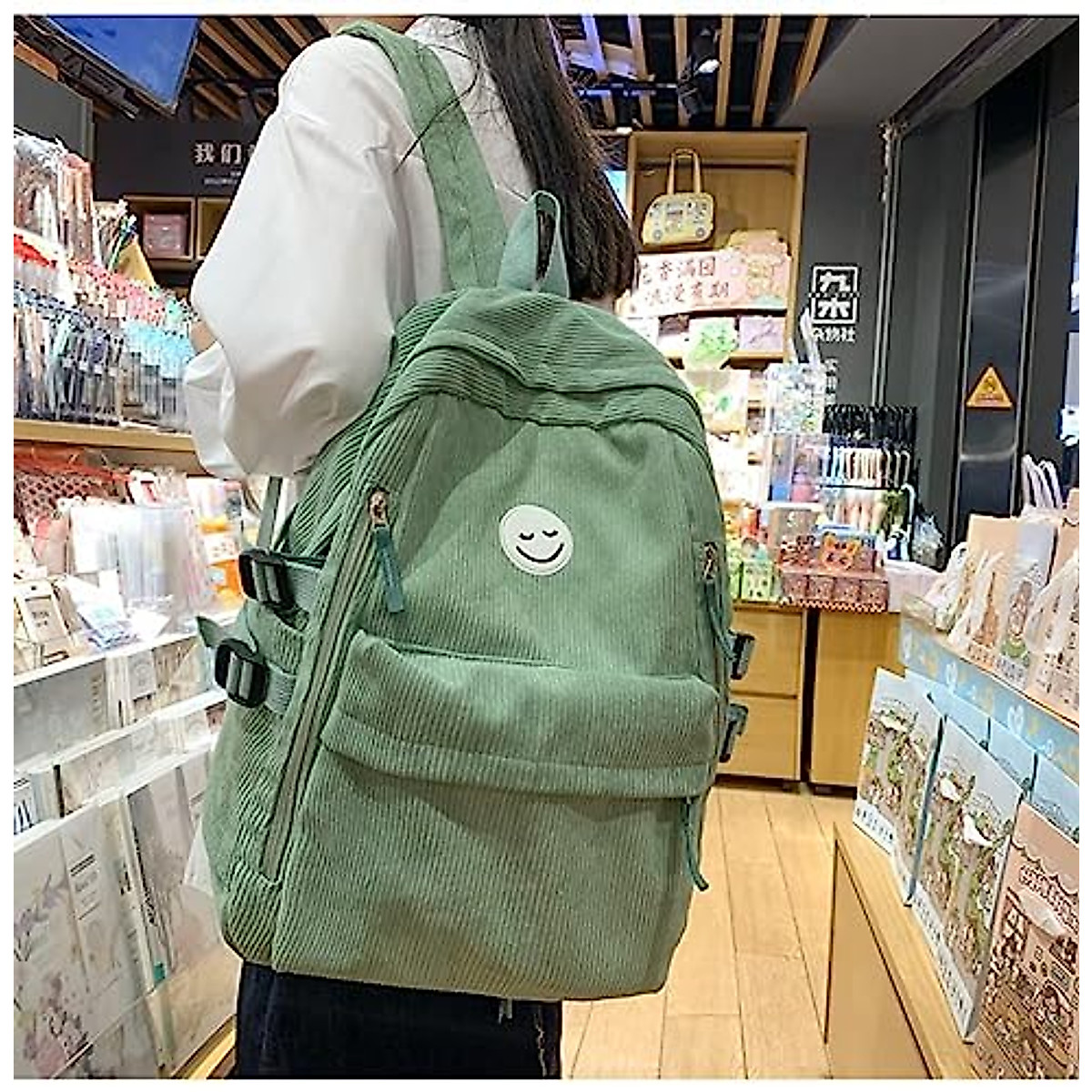 JHTPSLR Preppy Backpack Smiley Face Corduroy Backpack Cute Academia Aesthetic Backpack Autumn Corduroy Backpack Solid Book Bags (Sage Green)