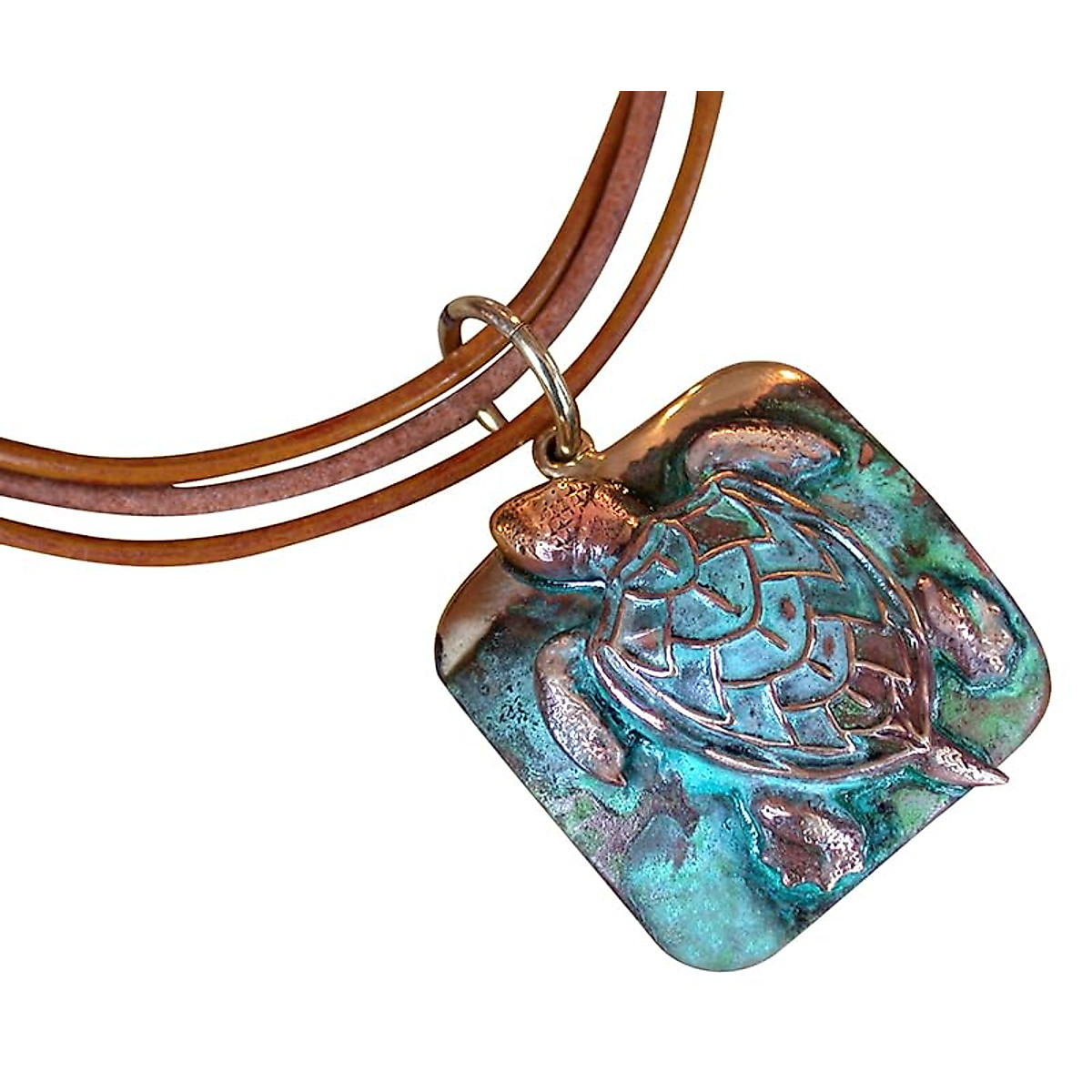 Elaine Coyne Collectible Artwear Verdigris Patina Solid Brass Large Sea Turtle Pendant on Triple Rawhide - USA Made