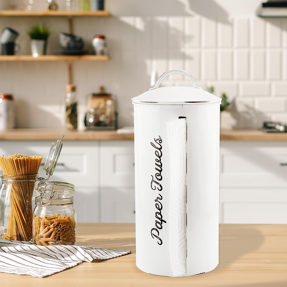 AuldHome Farmhouse Paper Towel Holder (White); Rustic Enamelware Countertop Paper Towel Dispenser for Kitchen