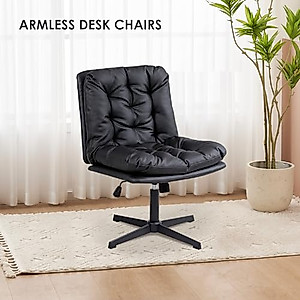 Chummaven High-Back Armless Home Office Chair No Wheels,Pu Leather Office Desk Chair Thick Swivel Rocking Vanity Chair Adjustable Computer Task Chair for Make Up,Small Space,Bedroom,Black