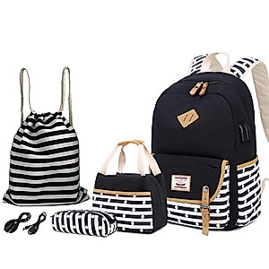 BAGTOP School Canvas Backpack Set - 15" Laptop Backpack with USB Charger Port Travel Daypack Bookbag + Drawstring Backpack + Purse/Clutch Pouch(Black-4)