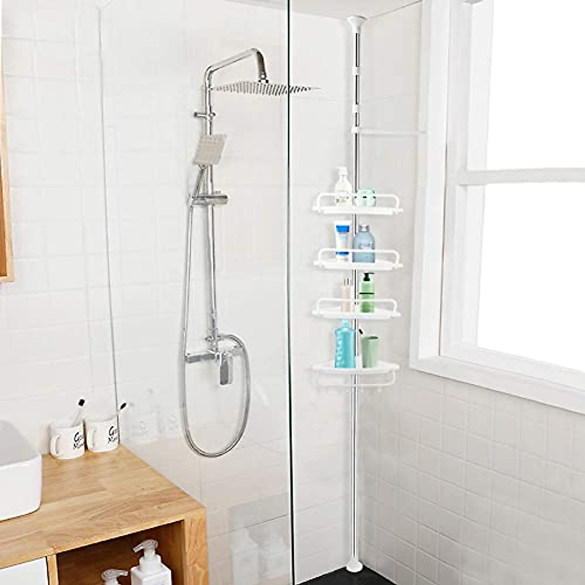 Corner Shower Caddy, Shower Caddy Tension Pole Storage Shelves, Stainless Steel Rod, Adjustable Bathroom Shower Caddy for Shampoo Soap Tower, White
