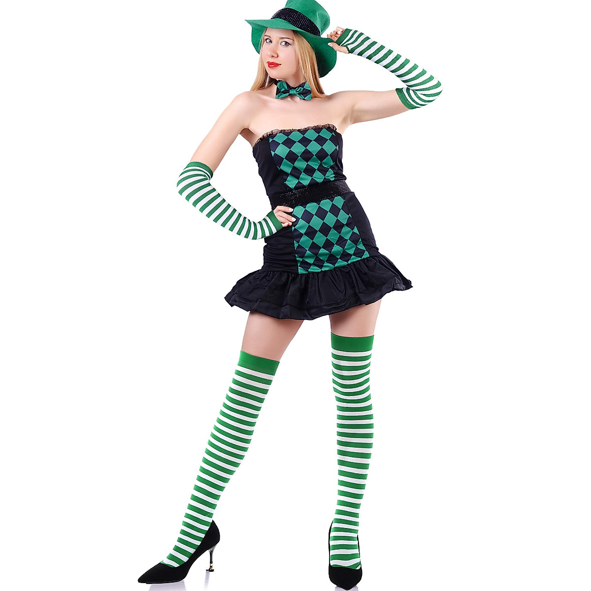 Blulu St Patrick's Day Knee High Socks Green Striped Fingerless Gloves Irish Arm Warmers