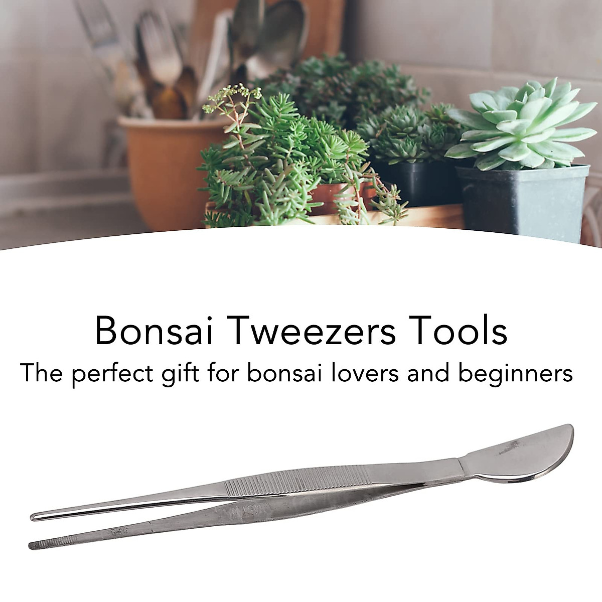 CHICIRIS Bonsai Long Tweezers, Garden Tweezers Bonsai, Stainless Steel Bonsai Tweezers Long Tweezers with Moon Spatula Head for Potted Loosening Soil Planing Grass (Straight)