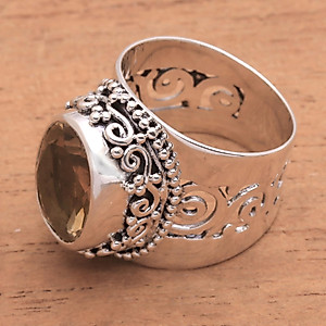 NOVICA Artisan Handmade Citrine Single Stone Ring Sterling Silver from Bali Cocktail Indonesia Gemstone Birthstone [crownbezel 0.7 in H x 0.6 in W x 0.3 in D Band Width 8 mm W] ' Glorious Vines'