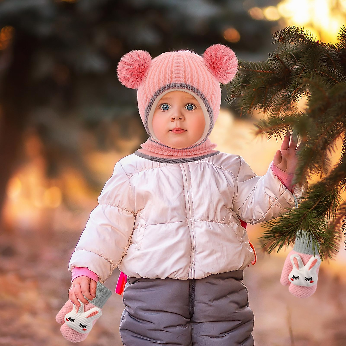 Baby Winter Hat Scarf Set with 2 Pack Mittens, Baby Winter Hat Set, Toddler Winter Hat with Neck Warmer, Fleece Lined Girls Boys Infant Winter Hat Set, Kids Winter Hat Scarf Earflap Hood Skull Caps