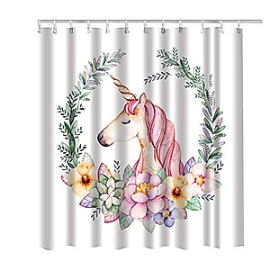 Amagical 16 Pieces Shower Curtain Set Bathroom Mat Set Unicorn Printed Bath Mat Contour Mat Toilet Cover Shower Curtain 12 Hooks
