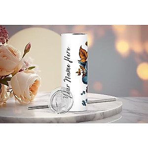 Personalized Flowered Skinny Tumbler 20Oz, Stainless Steel with lid, Straw, Brush and Non-Slip Base. Keep Drinks Hot or Cold. Use like Water Bottle, Coffee Mug, Travel Mug, Wine Cup. (Blue and Red)