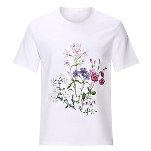 wodceeke Women's Floral Print Short-Sleeved T-Shirt Solid Color Round Neck Basic Tee Summer Casual Loose Blouse Tops (White A, L)