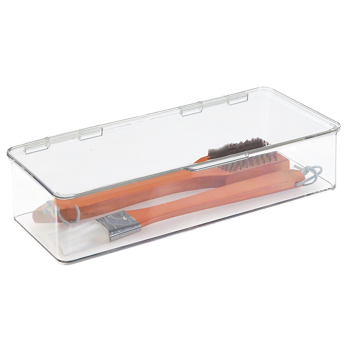 mDesign Long Plastic Kitchen Pantry/Fridge Storage Organizer Box Containers with Hinge Lid for Shelves or Cabinets, Holds Food, Snacks, Seasoning, Condiments, Flatware, Utensils, Clear