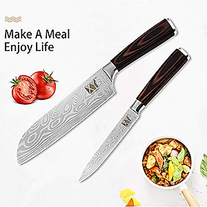 Japanese Kitchen Knife Set with Knife Covers Bread Eviscerate Sliced Fruit Utility Santoku Damascus Pattern Cooking Knife