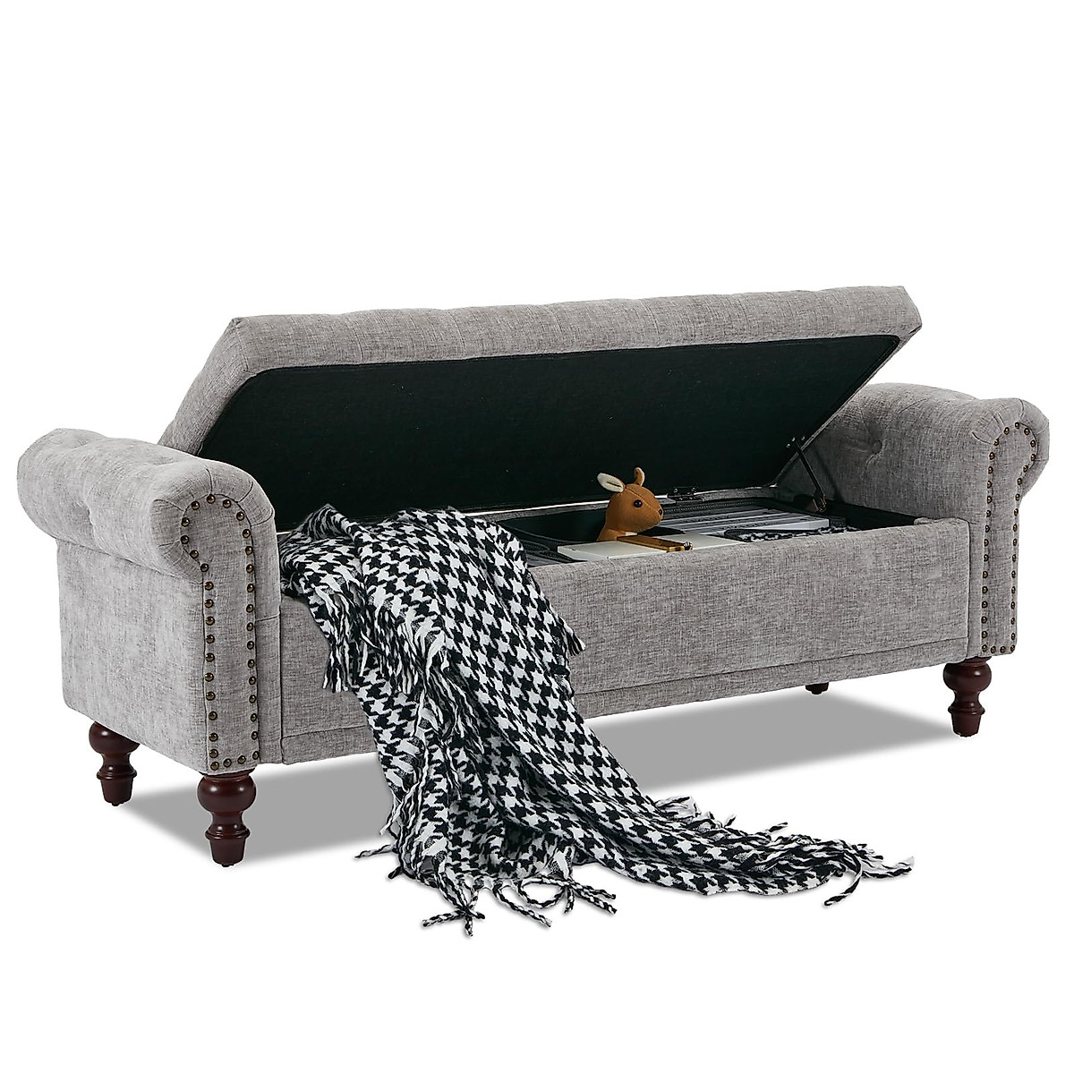 SOFTHION Storage Bench Upholstered Chenille End of Bedroom Bed Bench Ottoman with Tufted Cushioned Rolled Arm Large Storage Space for Reading Living Room Entryway, Light Grey