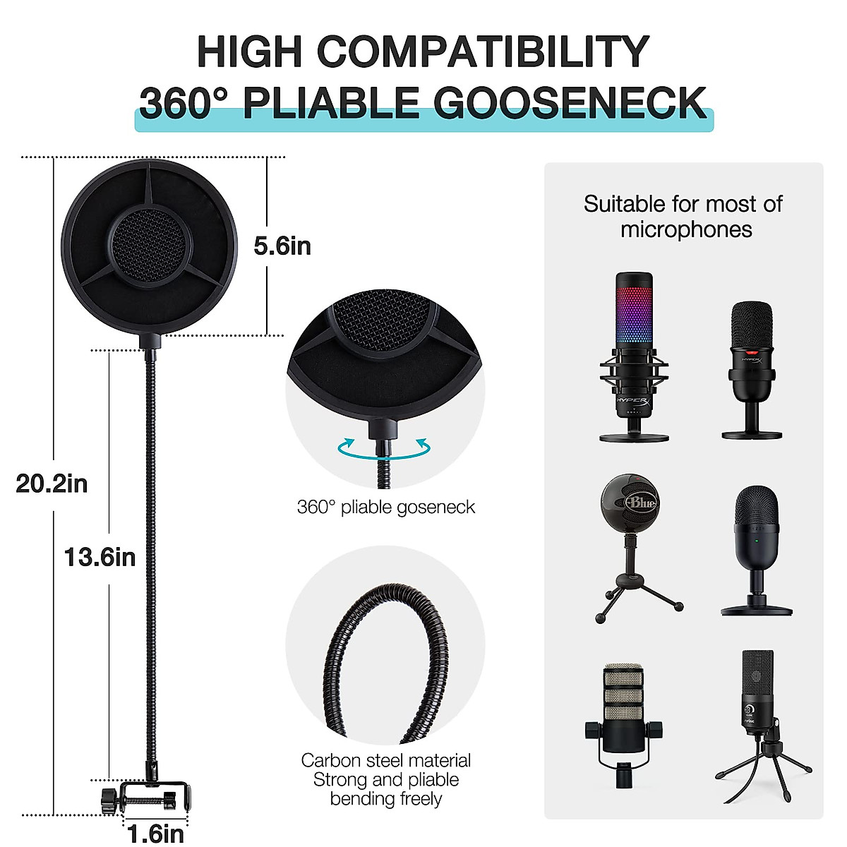 YOUSHARES 6-layer Pop Filter Compatible with HyperX QuadCast, Blue Yeti, Razer, Fifine and Other Mic, Upgraded Metal Microphone Pop Filter Windscreen with Flexible 360°Gooseneck