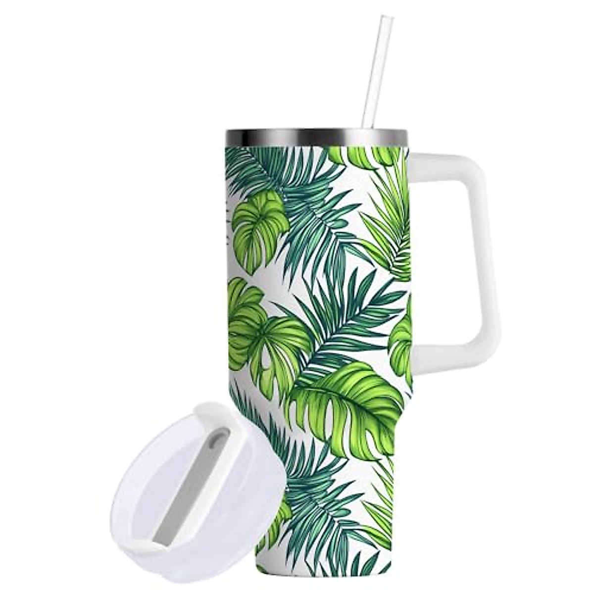 Slewiaeky Tumbler with Handle 40 oz Plant Palm Leaf Cool Travel Mug with Lid and Straw Green Stainless Steel Vacuum Insulated Water Bottle Cup for Iced Tea Coffee Cold Beverages Cup Holder Friendly
