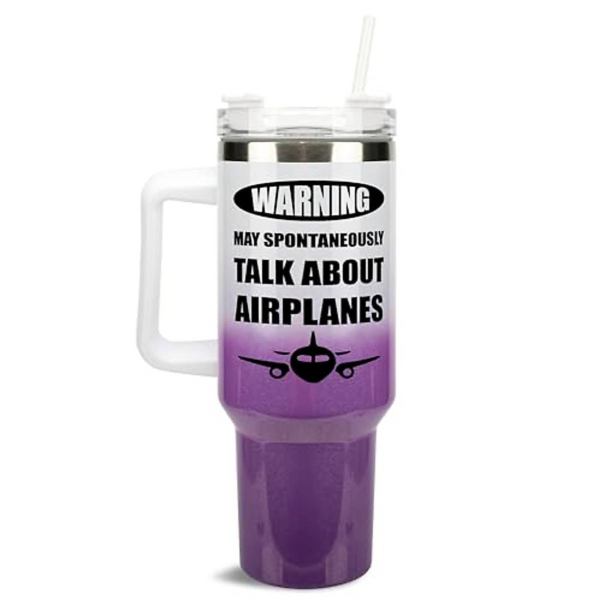 Elanze Designs Warning May Talk About Airplanes Pilot 40 oz. Stainless Steel, Large Water Bottle Coffee Mug, Spill & Leak Resistant, Thermal Travel Tumbler with Handle, Lid & Straw, White/Purple
