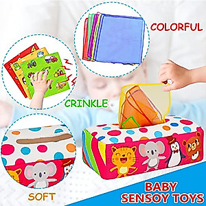 Baby Tissue Box Toy Montessori Toys for 6 7 8 9 12 Months Babies Infant Toys 0-6 6-12 Month Baby Sensory Toys Magic Tissue Box with Crinkle Toys Scarves Developmental Gift for 1 2 Year Old Boys Girls