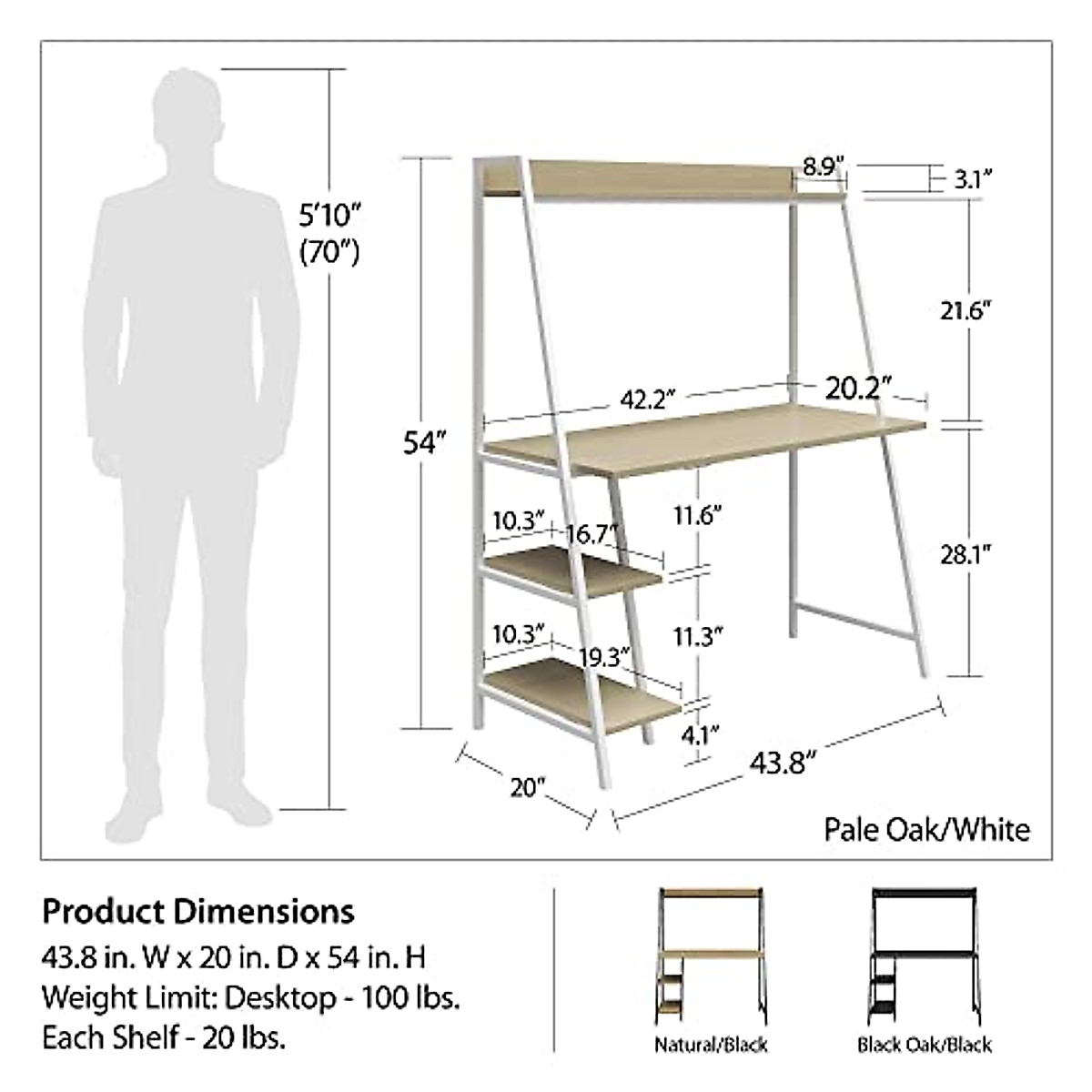 Novogratz Bushwick Ladder Desk, Pale Oak on White Metal