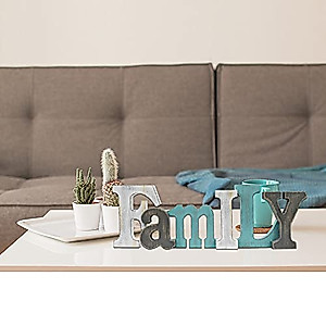 E-view Wooden Letters Sign Decorative Wood Block Signs Freestanding Word Cutout Distressed Teal Sign for Shelf Table Mantle Hanging Ornament Rustic Home Decor (Family)