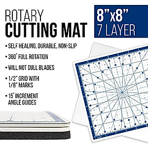 U.S. Art Supply 8" x 8" Rotary WHITE/BLUE High Contrast Professional Self Healing 7-Layer Durable Non-Slip Cutting Mat Great for Scrapbooking, Quilting, Sewing and all Arts & Crafts Projects