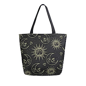 ALAZA Witchy Sun Moon Stars Large Canvas Tote Bag Shopping Shoulder Handbag with Small Zippered Pocket