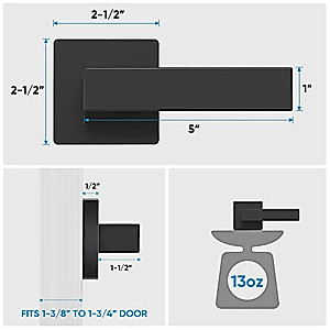 TICONN 5Pk Door Handle Heavy Duty, Reversible Square Door Lever for Bedroom, Bathroom and Rooms (Black, Dummy - Rear Mount, 5 Pack)