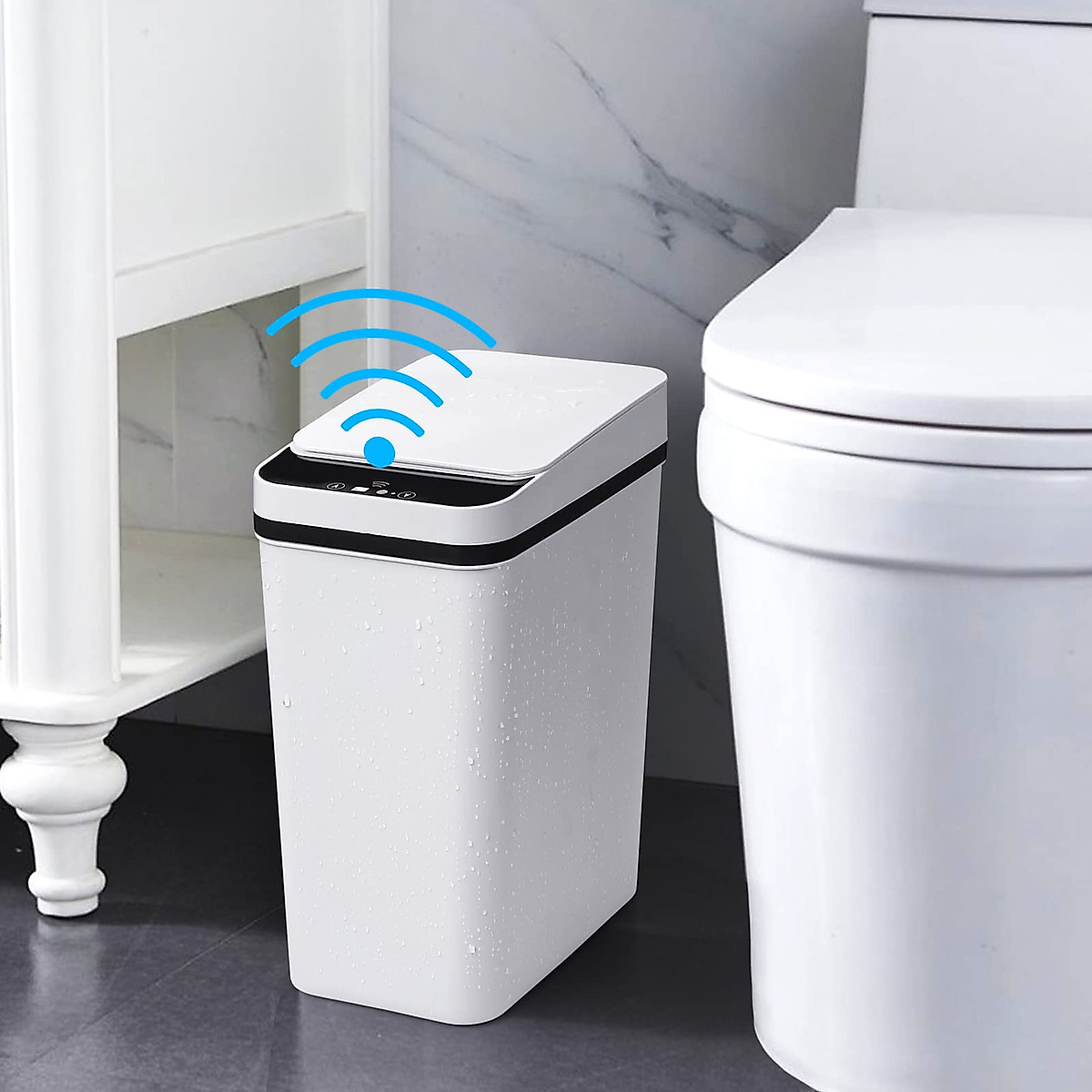Anborry 2 Pack Bathroom Touchless Trash Can 2.5 Gallon Smart Automatic Motion Sensor Rubbish Can with Lid Waterproof Narrow Small Garbage Bin for Kitchen, Office, Living Room, Bedroom(Black+White)