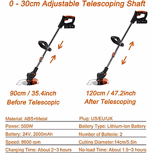 Cordless String Trimmer Weed Wacker Battery Powered 3 in 1Electric Weed Wacker with 2 Battery, Charger, 10 Plastic Blades, 4 Stainless Steel Blades, 2 Round Metal Saw Blades, and Wheels, 3.9lb