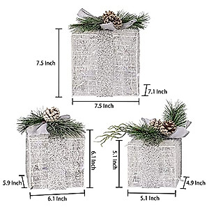 Hourleey Set of 3 Christmas Lighted Gift Boxes, Pre-lit 60 LED Light Up Present Boxes Ornament Outdoor Warm White Tinsel Boxes Decoration for Indoor Christmas Home Yard Lawn Decor