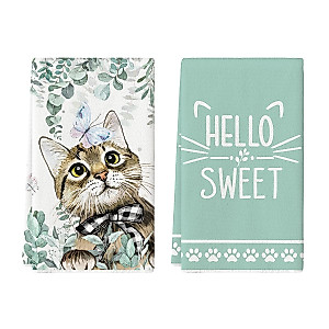 Artoid Mode Eucalyptus Leaves Cat Hello Sweet Kitchen Towels Dish Towels, 18x26 Inch Buffalo Plaid Bow Tie Holiday Decoration Hand Towels Set of 2