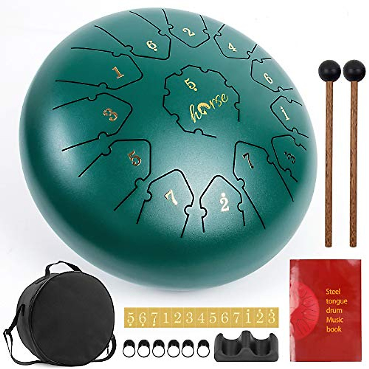 Steel Tongue Drum, Horse 12 Inch 13 Tones Tank Drum C Key Percussion Steel Drum Kit with Drum Mallets Note Stickers Finger Picks Mallet Bracket and Gig Bag…