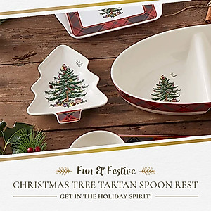 Spode Christmas Tree Tartan Spoon Rest | 7 – Inch Tree Shaped Cooking Utensil Rest | Spatula Ladle Holder for Kitchen Countertop | Made of Fine Porcelain Dishwasher Safe