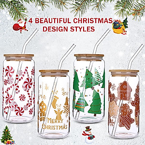 4Pcs Christmas Glass Cups, 16oz Christmas Mason Jars with Lid and Straw Christmas Tumbler Drinking Glasses Coffee Cups Jar Decor Glassware Water Bottles Xmas Home Decorations Gift for Kids Women Men