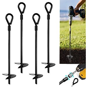VASGOR 20” Ground Anchors (4pcs) Easy to Use with Drill, 3" Helix Diameter, Heavy Duty Anchor Hook for Camping Tent, Canopies, Car Ports, Sheds, Swing Sets, Securing Animals – Black Powder Coated