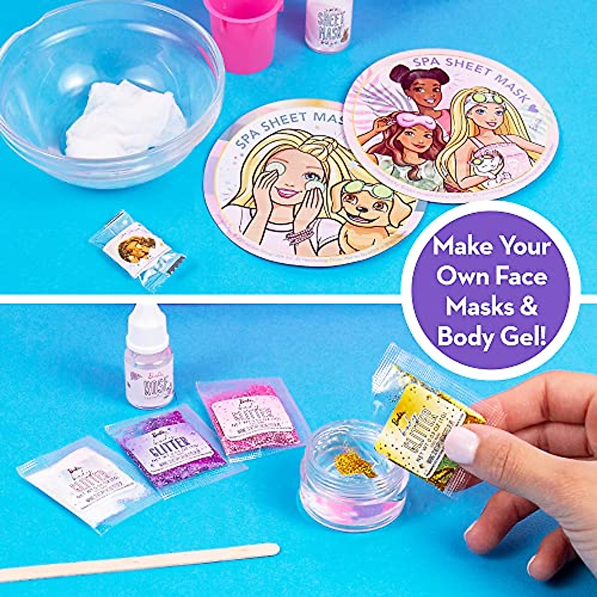 Barbie Cosmetic Case by Horizon Group USA, DIY Beauty Kit for an at-Home Spa Day, Create Your Own Face Sheet Masks, Nail Art & Body Glitter, Includes Reusable Storage Case with Removable Tray