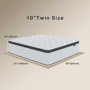 Tegeniss Twin Mattress, 10 Inch Innerspring Hybrid Mattress in a Box with Gel Memory Foam, Individually Wrapped Encased Coil Pocket Spring Mattress, Pressure Relief, Medium Firm Support,39"*75"*10"